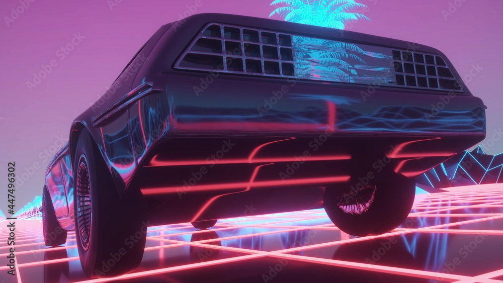 Car in neon cyberpunk style. 80s retrowave background. Retro futuristic ...