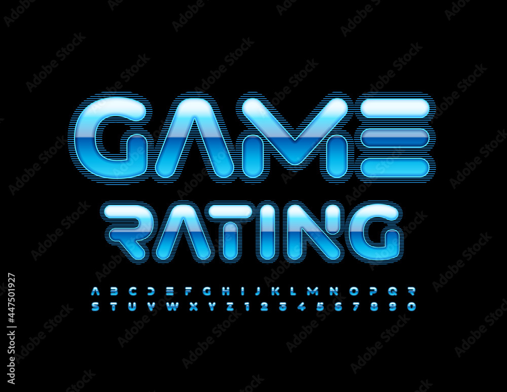 Vector digital template Game Rating. Blue techno Font. Electro Alphabet ...