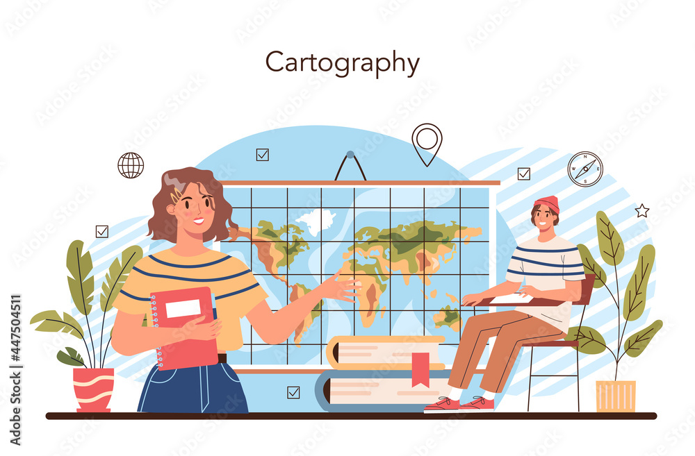 Geography class concept. Cartography. Studying the lands, features ...
