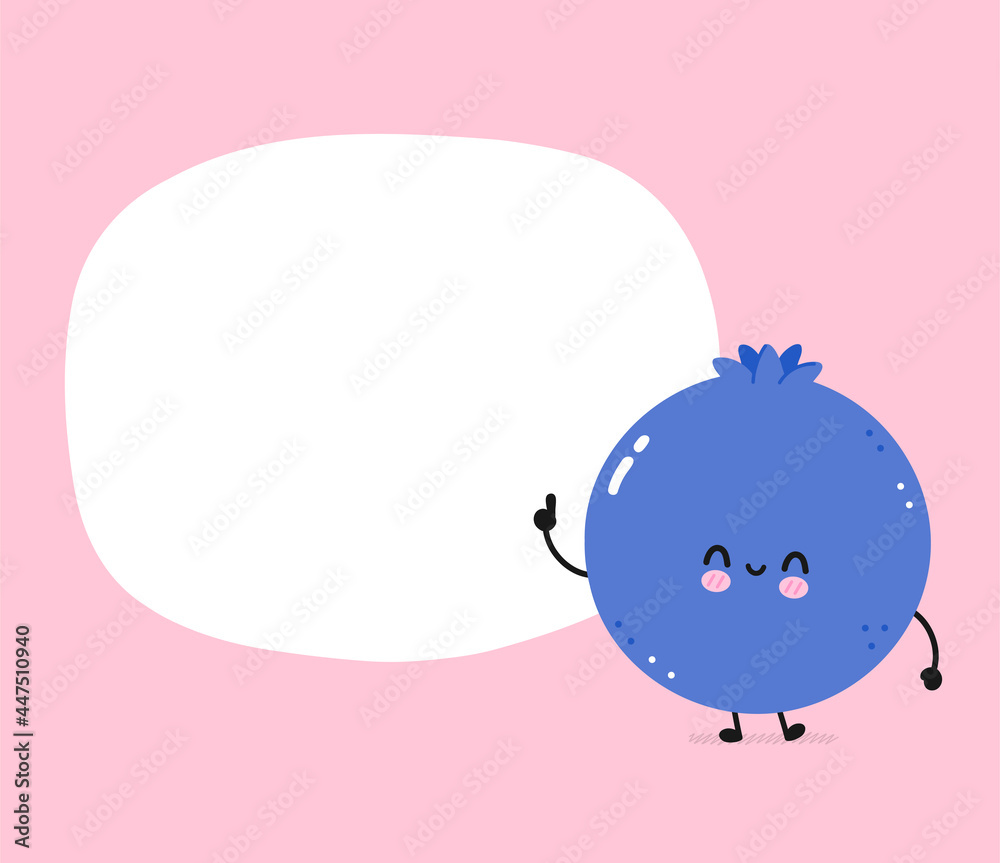 Cute happy smile funny blueberry with text box. Vector flat line ...
