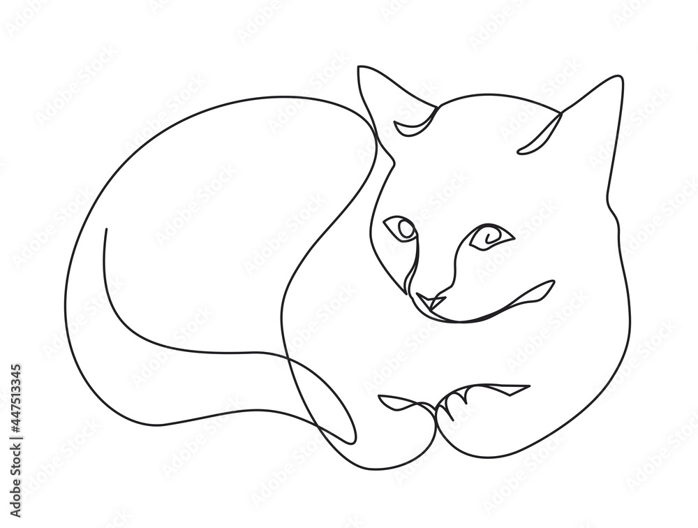 Continuous one line drawing of satisfied cat lies on a white background ...