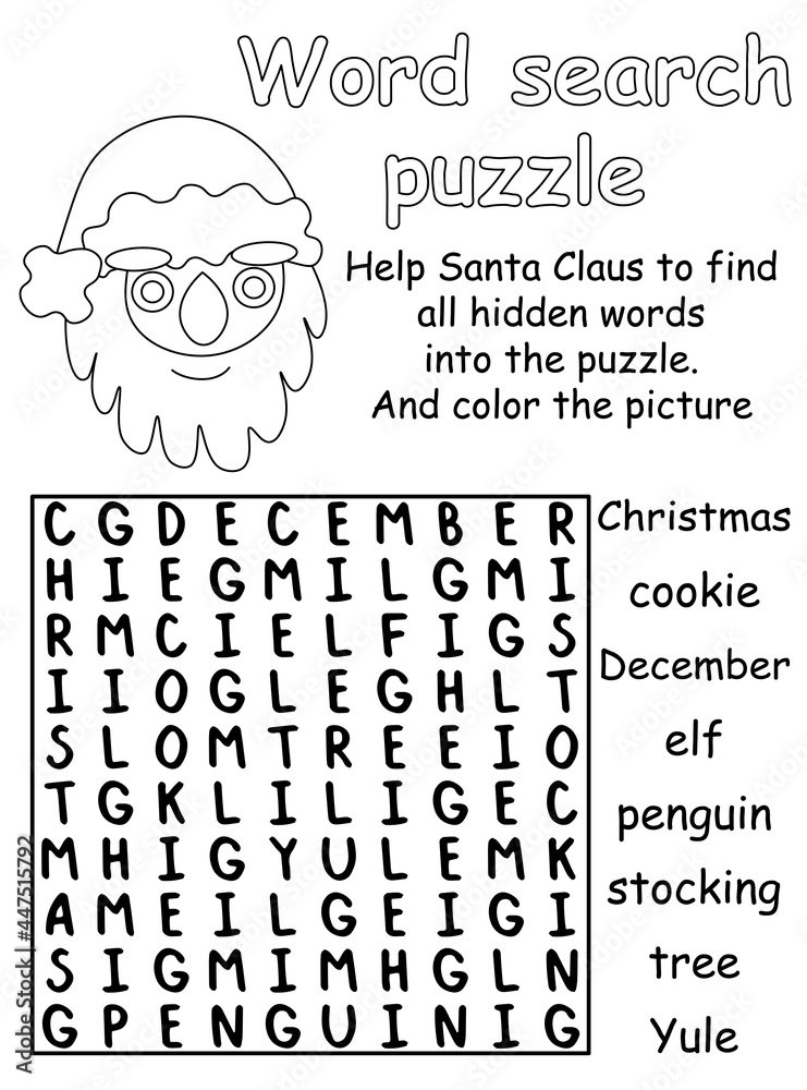 Christmas word search puzzle black and white activity page vector ...