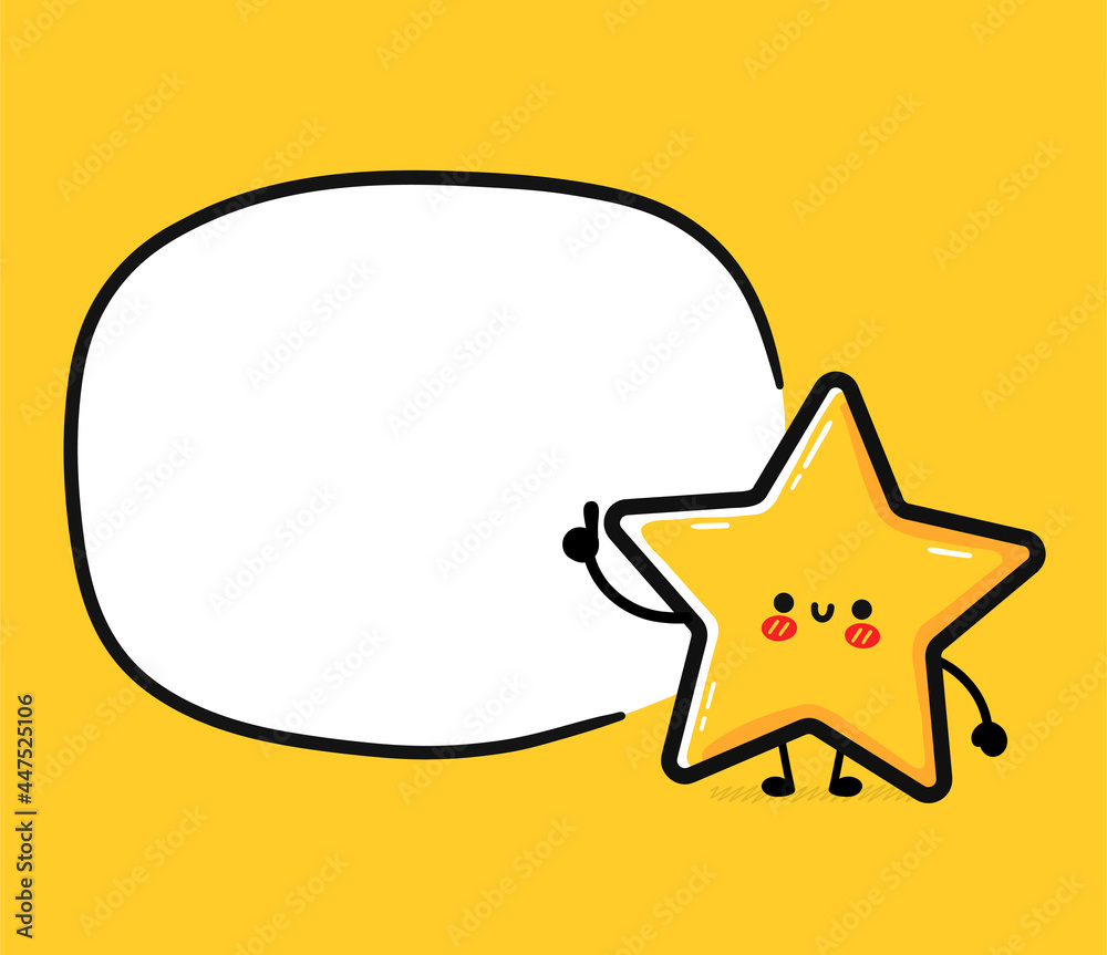 Cute funny happy star sign character with text box. Vector hand drawn ...