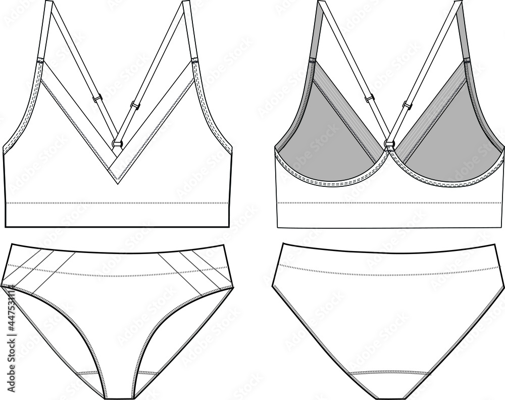 Seamless underwear set technical illustration. Editable V-neck bralette ...