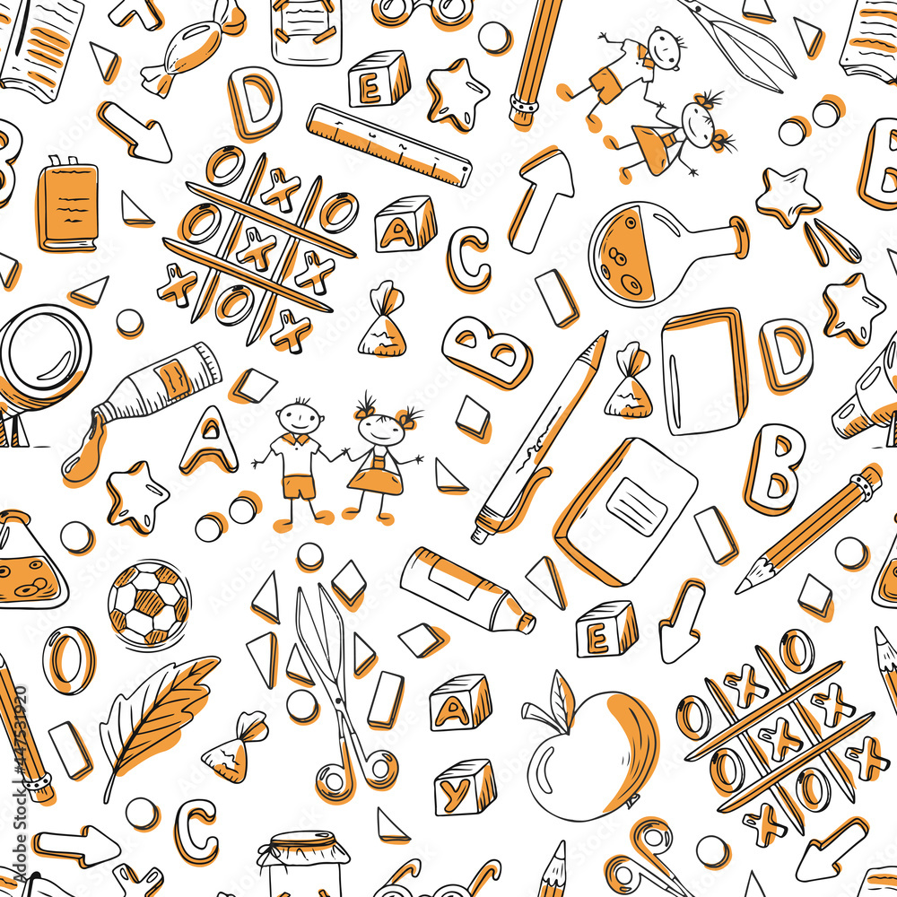 Seamless school vector pattern. School supplies, books, notebooks ...