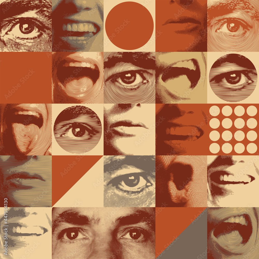 Seamless pattern in retro style with human eyes and mouths expressing ...
