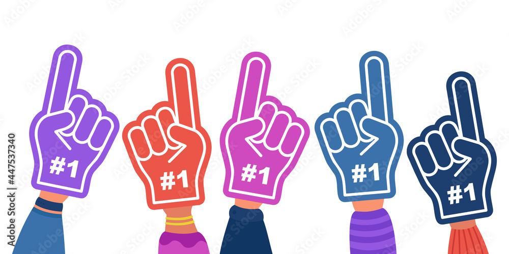 Cartoon hands in fan gloves flat vector illustration. Colorful fan ...