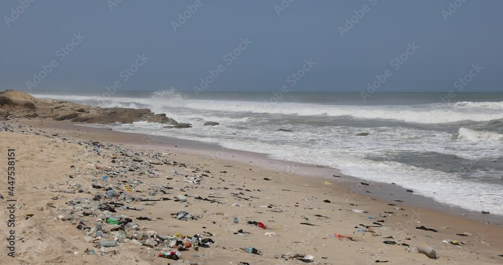 Pollution filth trash sandy beach Accra Ghana Africa. Atlantic ocean ...