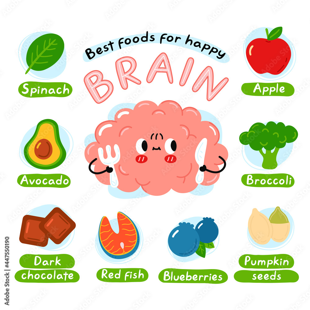 Best foods for happy brain infographic poster. Cute brain organ ...