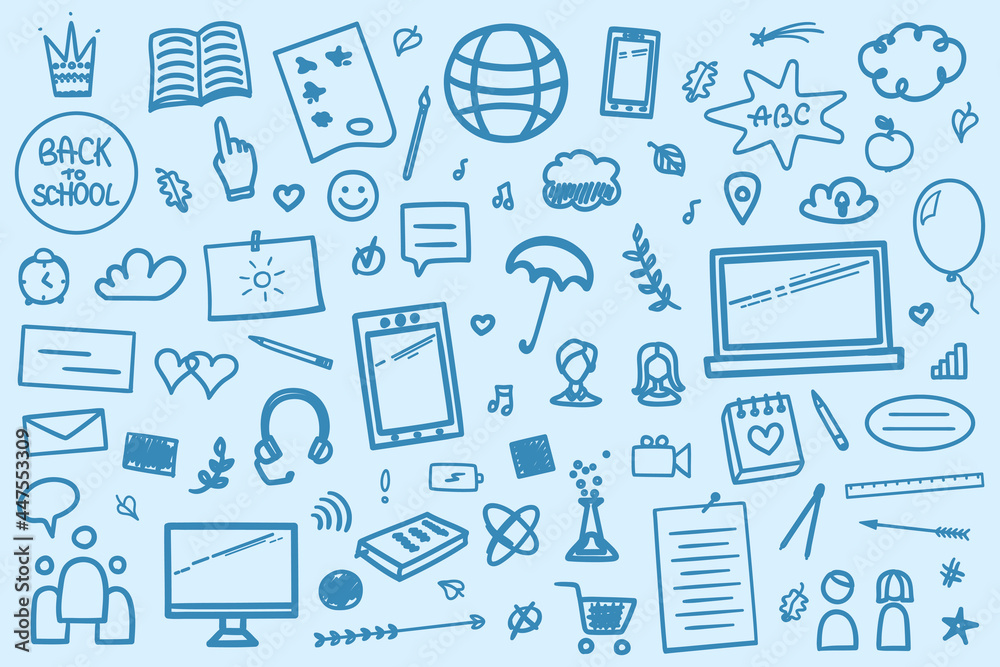 Set of different signs and symbols. Abstract sketchy background with ...