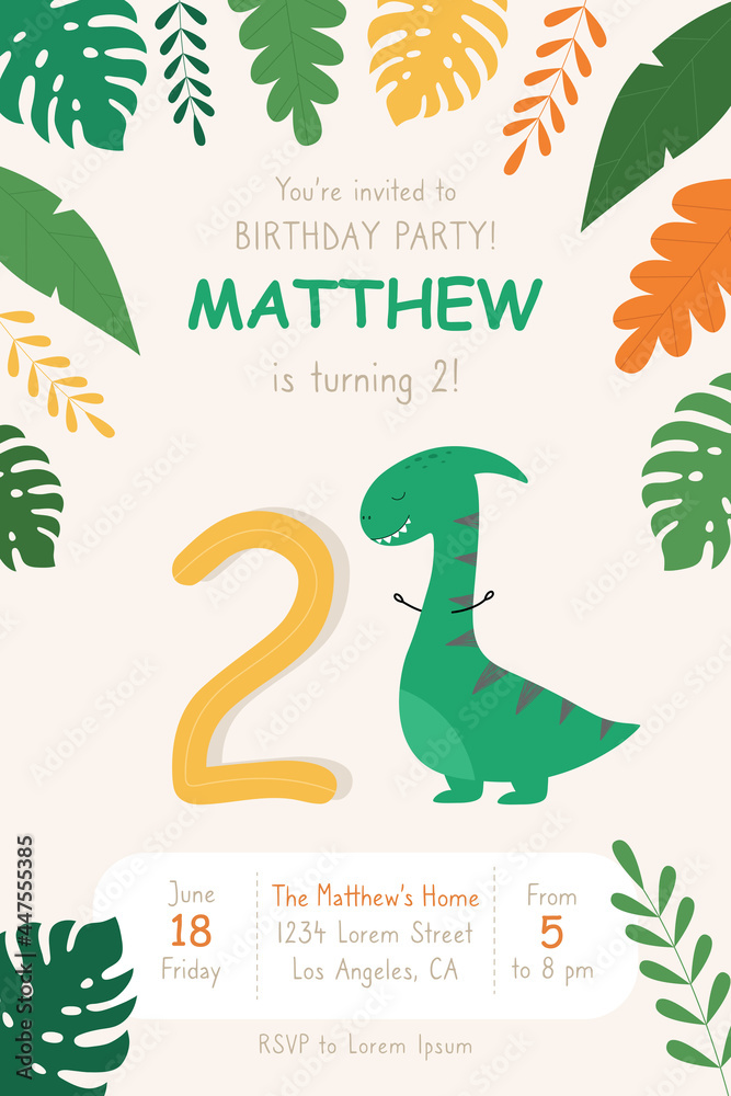 A birthday invitation. Hand drawn cute green dinosaur. A children's ...
