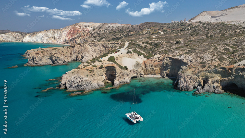 Aerial drone photo of beautiful volcanic emerald paradise bay below ...