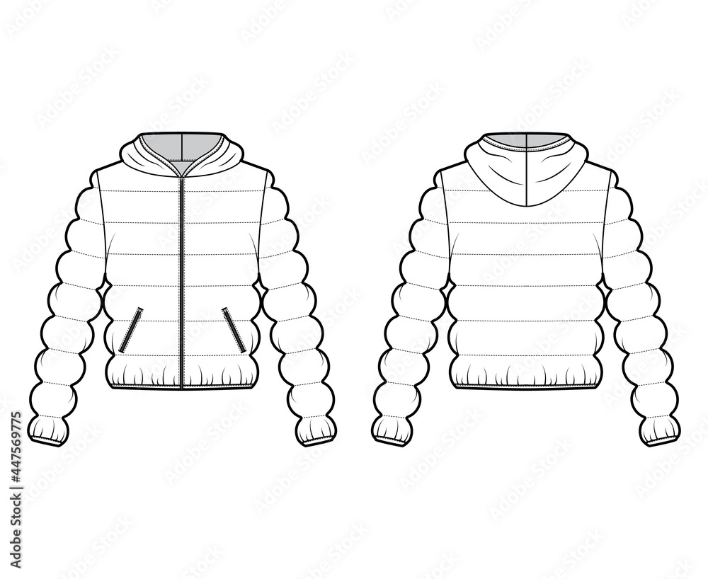 Hooded jacket Down puffer coat technical fashion illustration with zip ...
