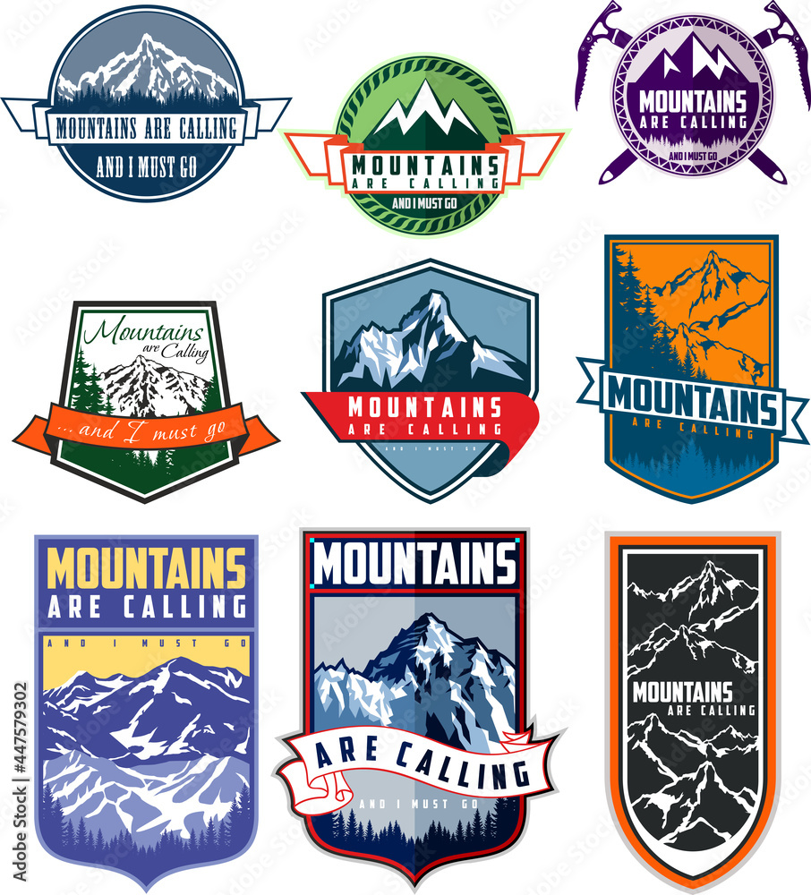 Vector set of nine mountain travel emblems. Camping climbing outdoor ...
