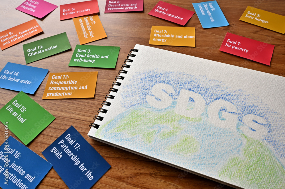 There is a card with the 17 goals of the SDGs on the desk. Beside it ...