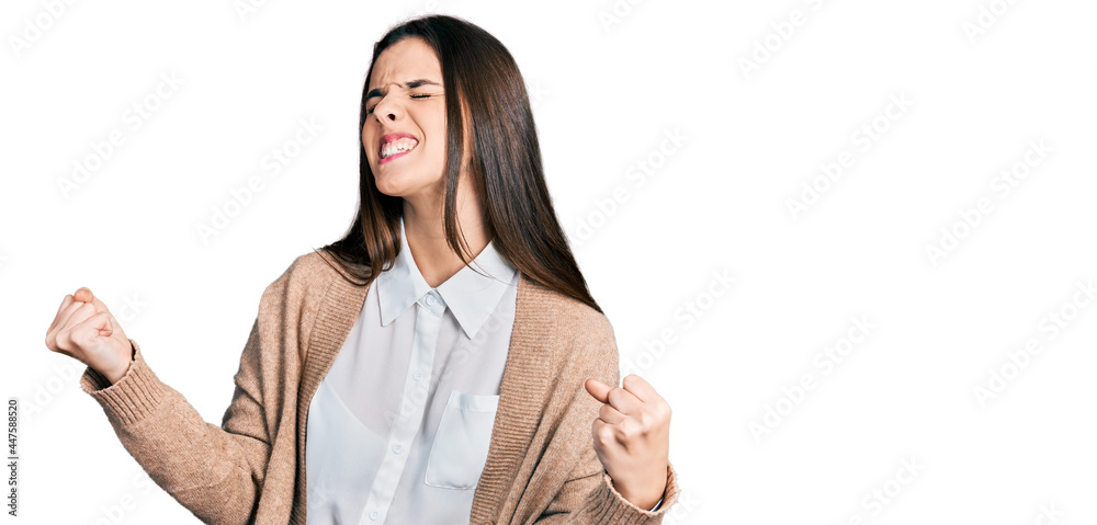 Young brunette teenager wearing casual white shirt and jacket very ...