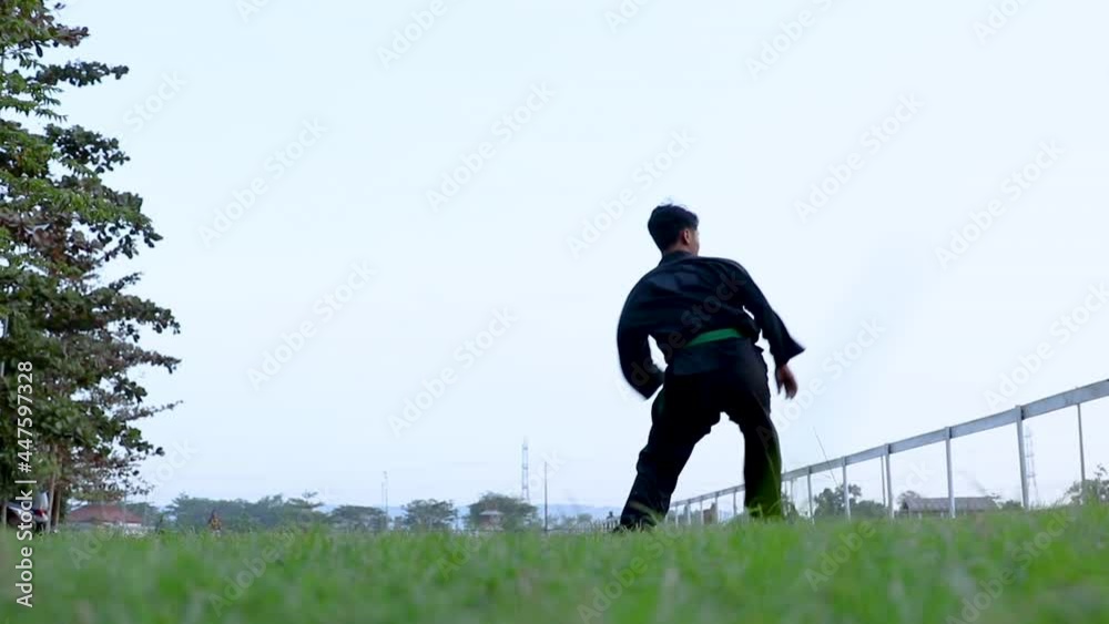 Asian male fighter wearing a pencak silat uniform performs a front ...