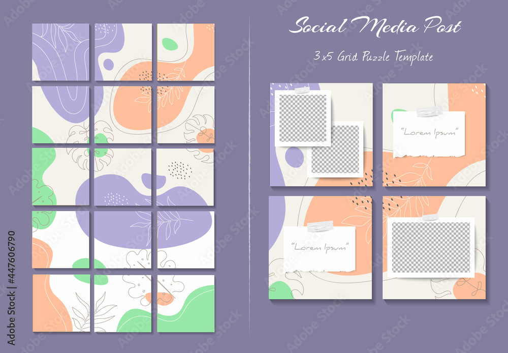 Social media feed post template in grid puzzle style with organic shape ...