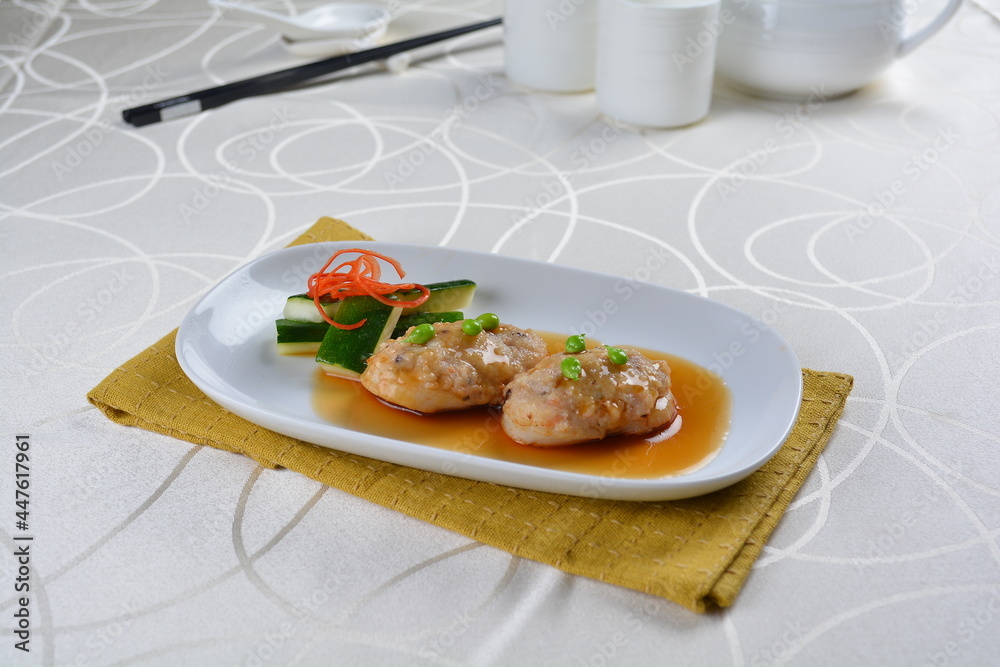 braised cook scallop with cuttlefish prawn paste ball seafood in oyster ...