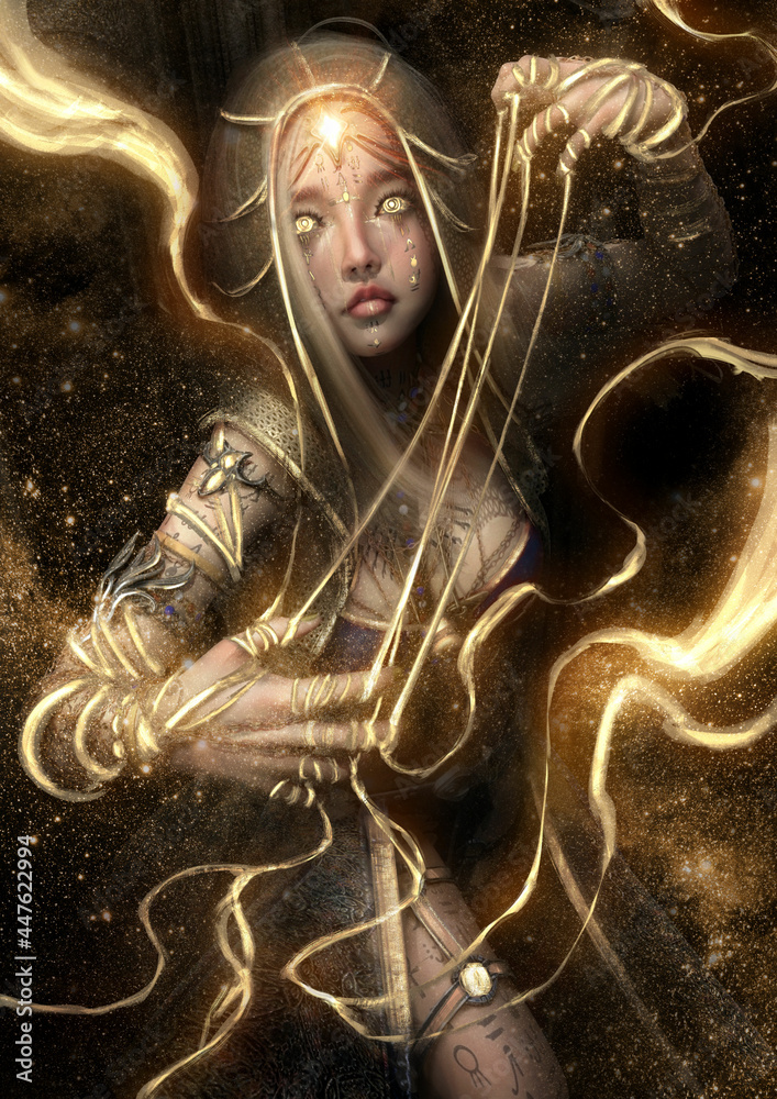 A beautiful oracle girl with golden eyes weaves the luminous threads of ...