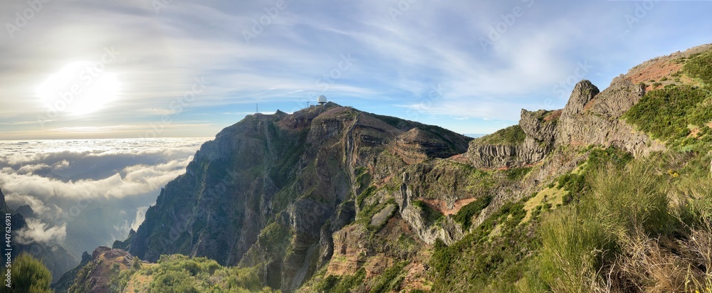 Panoramic landscape view to Pico do Arieiro mountain peak with radar ...
