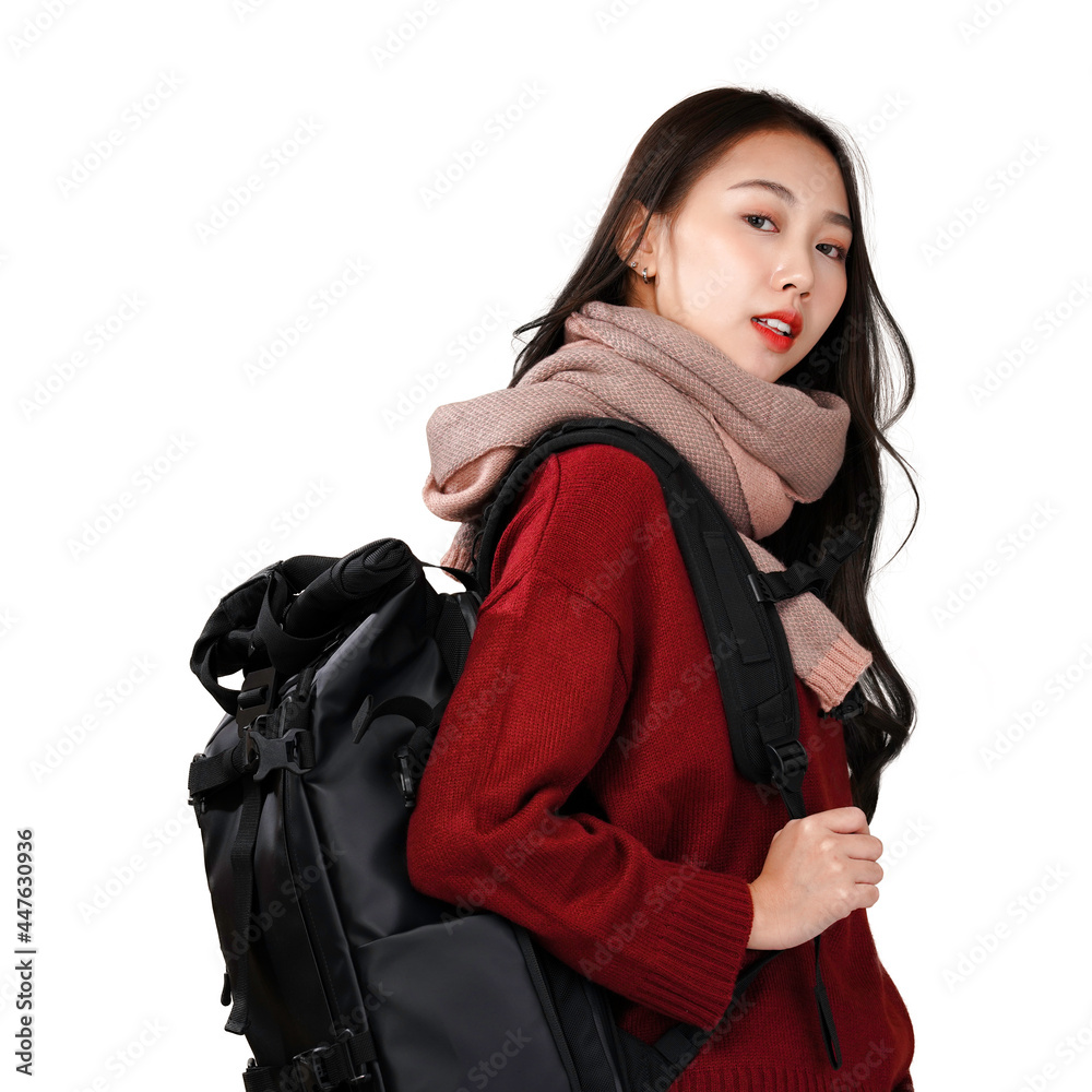 Asian tourist woman backpacker, Winter outfit wear red sleeves and pink ...