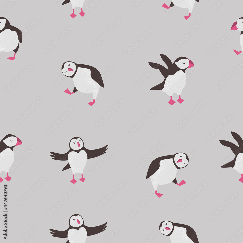 Seamless pattern with cute puffins in different poses Stock Vector ...