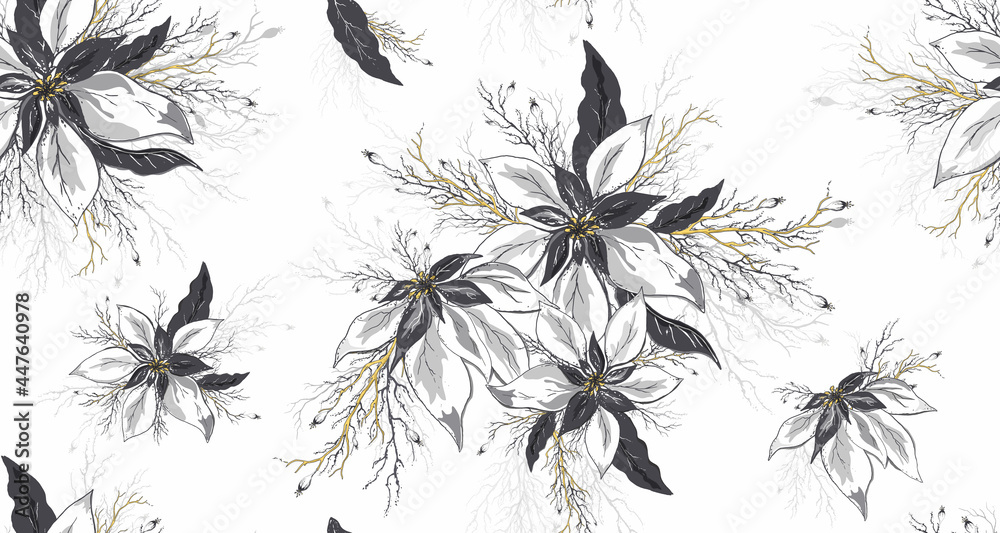 seamless, winter pattern of poinsettia flowers. hand-drawn bouquets in ...