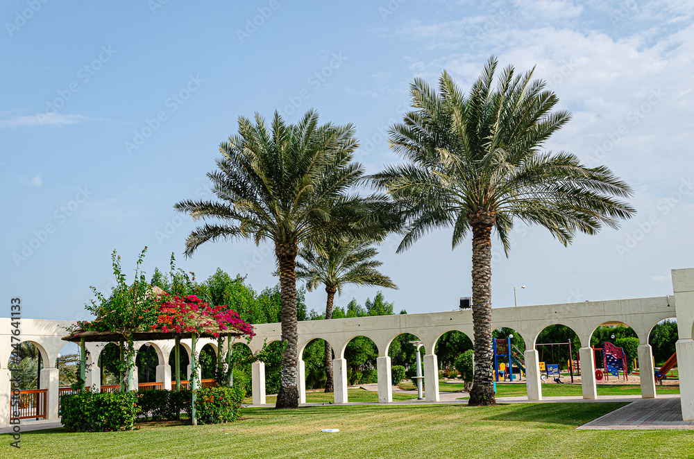 Lawn, arches and palms at Al Ruwais park in Qatar Stock Photo | Adobe Stock