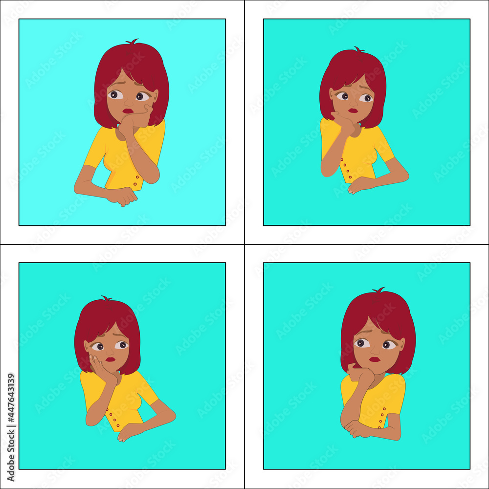 Set of cartoon cute girl red hair is sitting with her right hand on her ...