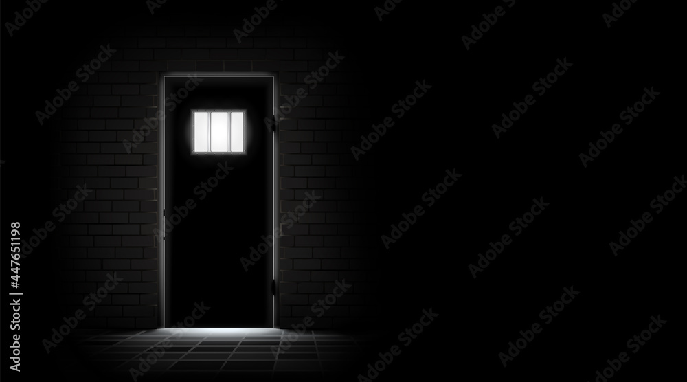 Prison dark background. Metal door to barred window and brick wall ...