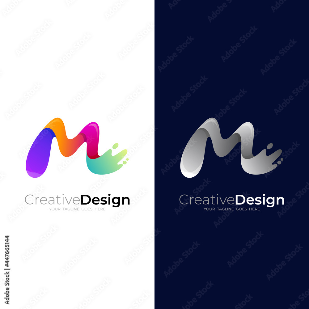 M logo with swoosh design, 3d colorful logos, water and paint logo ...