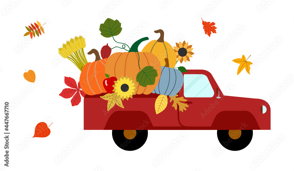 Red fall harvest truck vector illustration. Set of pumpkins, a sheaf of ...