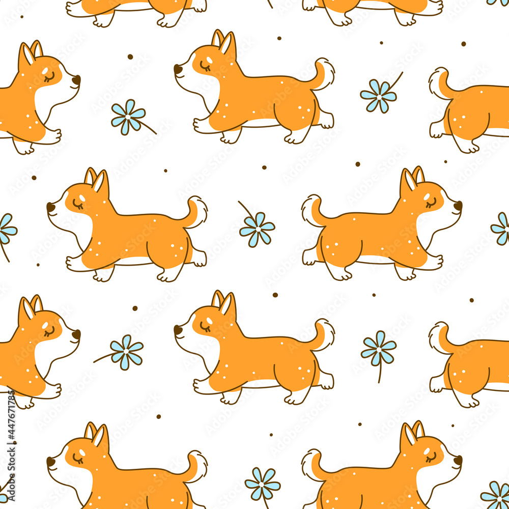 Seamless pattern with cute corgi and flowers - cartoon background for ...