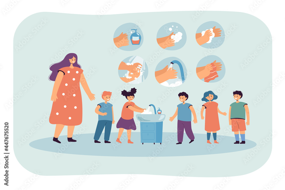 Kids washing hands flat vector illustration. Woman teaching children to ...