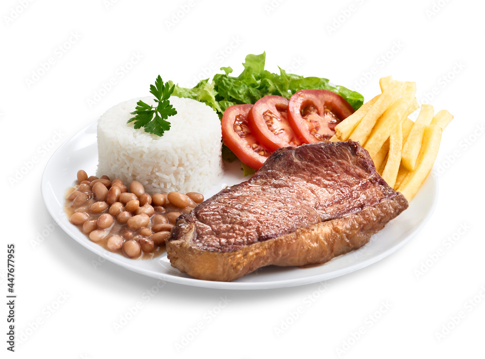 Prato executivo de contra filet com arroz, feijão, salada e batatas ...