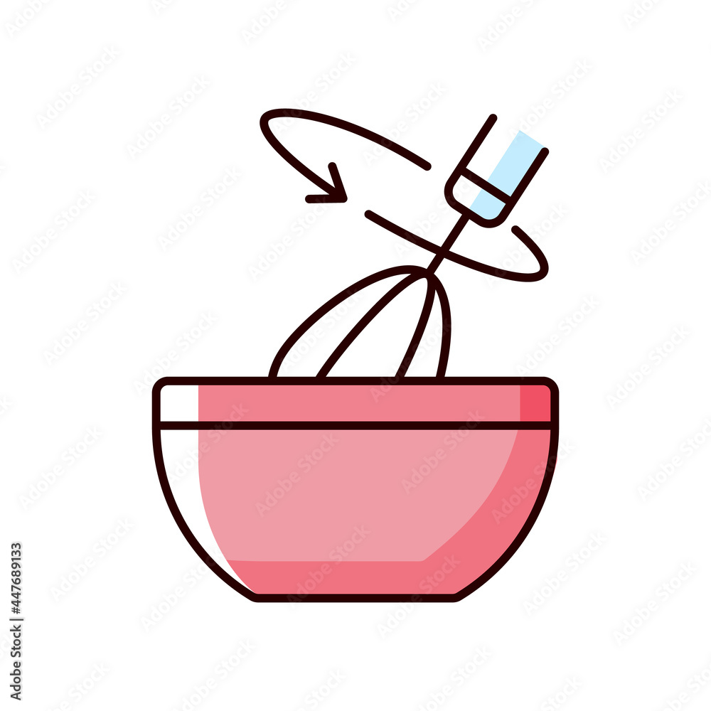 Stir cooking ingredient RGB color icon. Whisking in bowl as recipe step ...