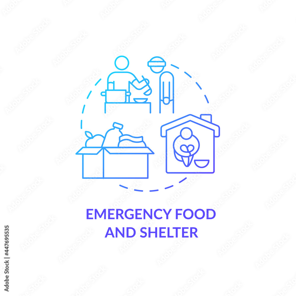Emergency food and shelter program concept icon. Voluuntering work ...