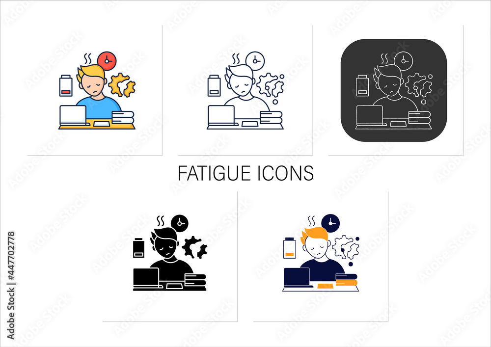 Fatigue icons set.Tired person. Too many tasks. Work overload. Need ...