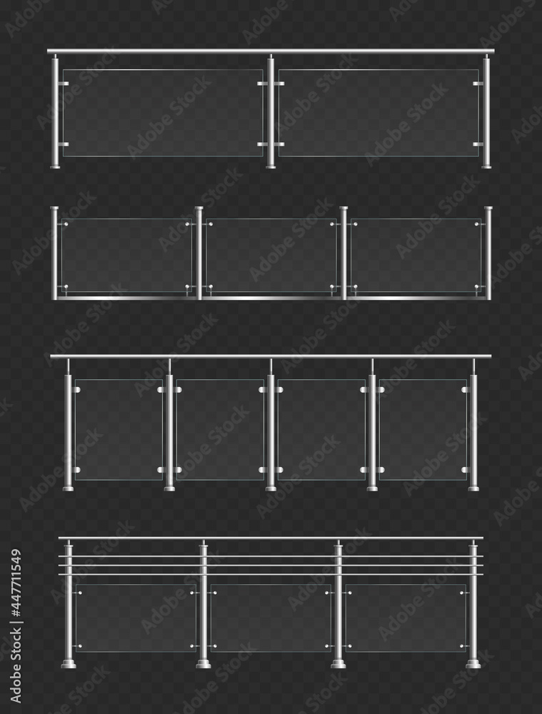 Glass handrail vector illustration set. Realistic 3d glossy balustrade ...