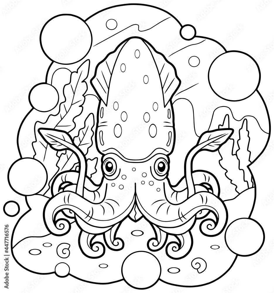 cartoon cute squid, coloring page, funny illustration Stock Vector ...