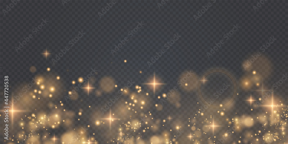 Gold sparkling dust with gold sparkling stars on a transparent background. Glittering texture ...