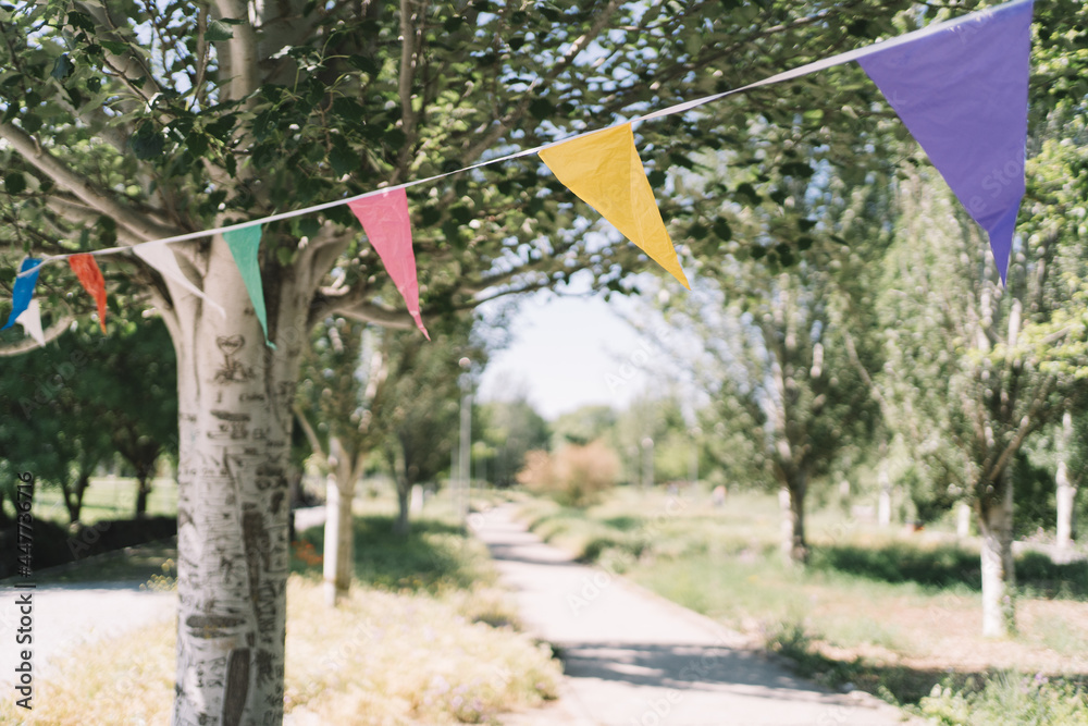 Colorful flags hanging in summer park Stock Photo | Adobe Stock