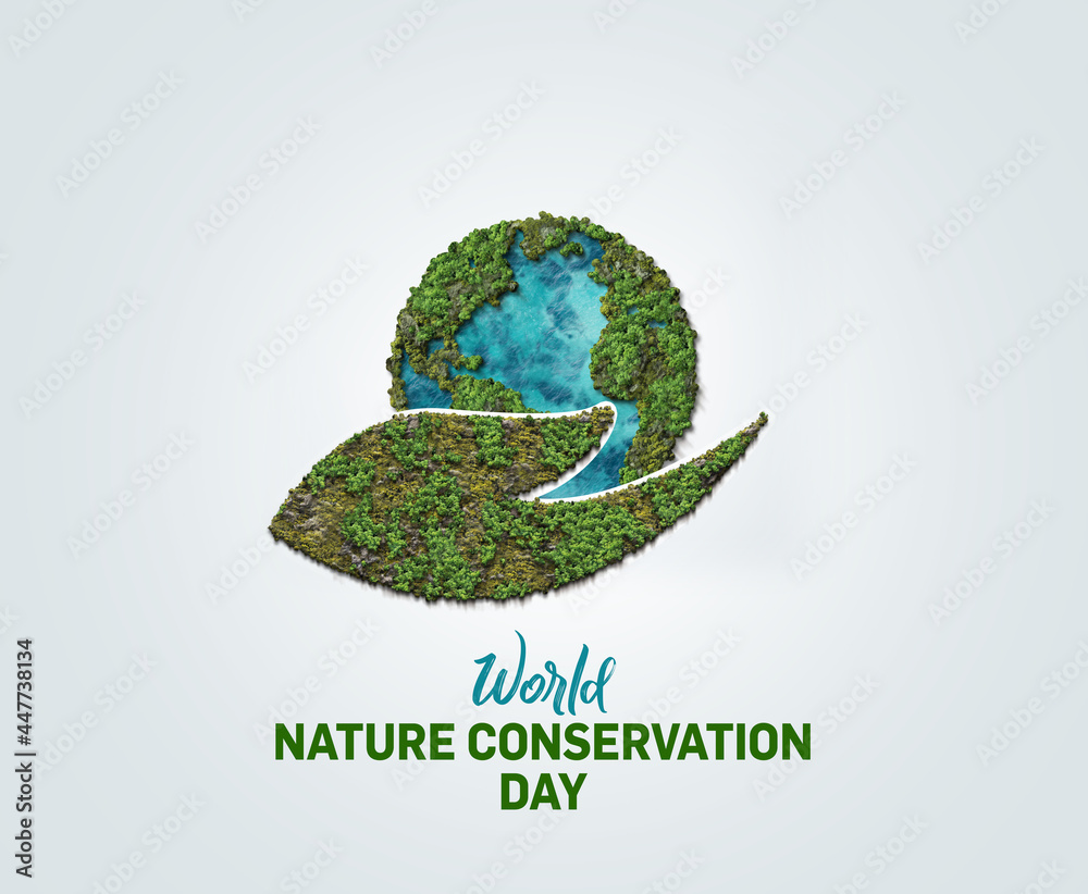 World Nature Conservation Day concept. Green World Map- 3D tree or ...