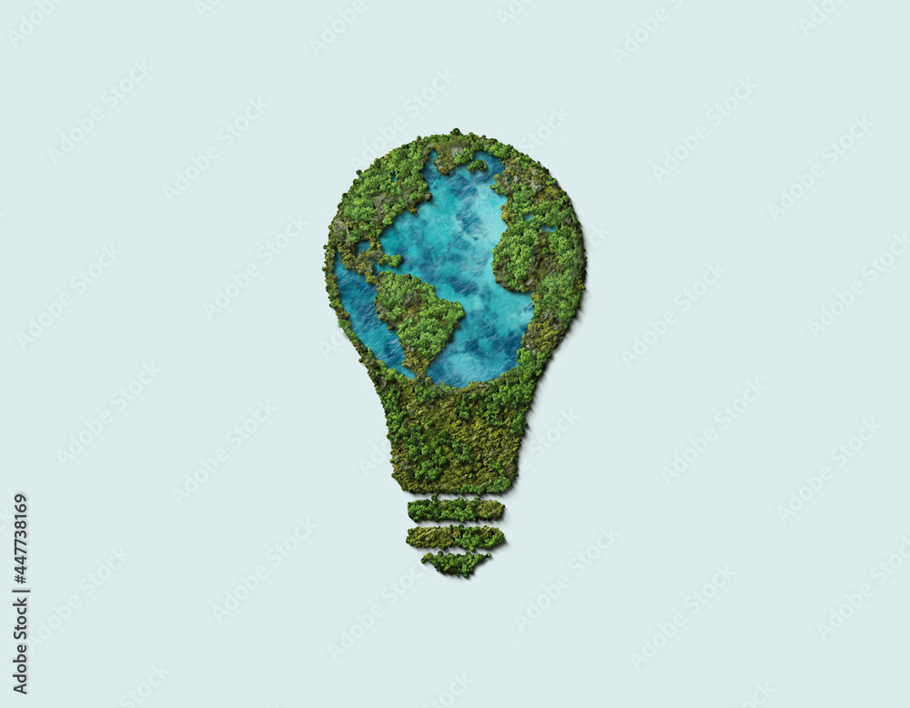 Green light bulb environment day and earth day 3d concept background ...
