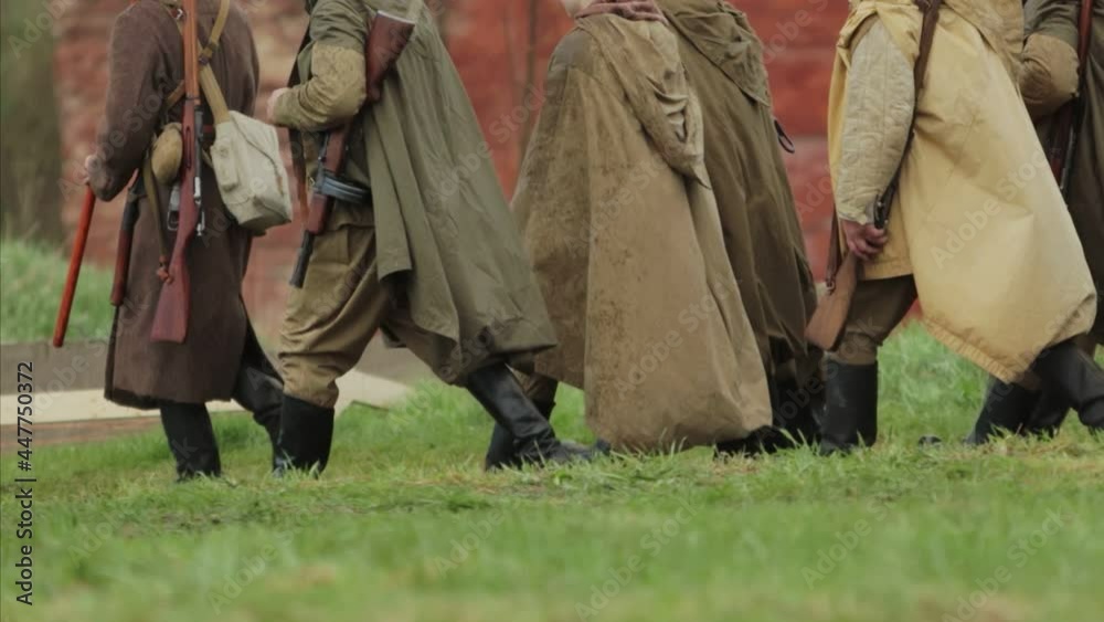 Column squad of Red Army men, women soldiers in soviet uniform with gun ...