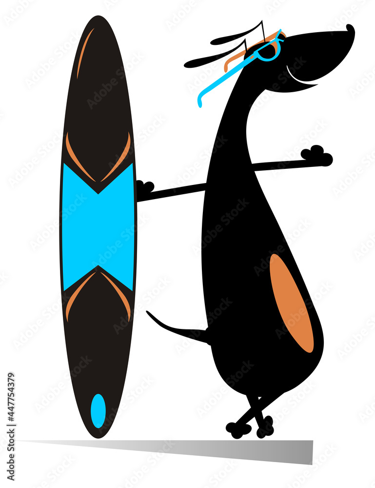 Cartoon dog a surfer illustration. Smiling dog surfer holds a surf ...