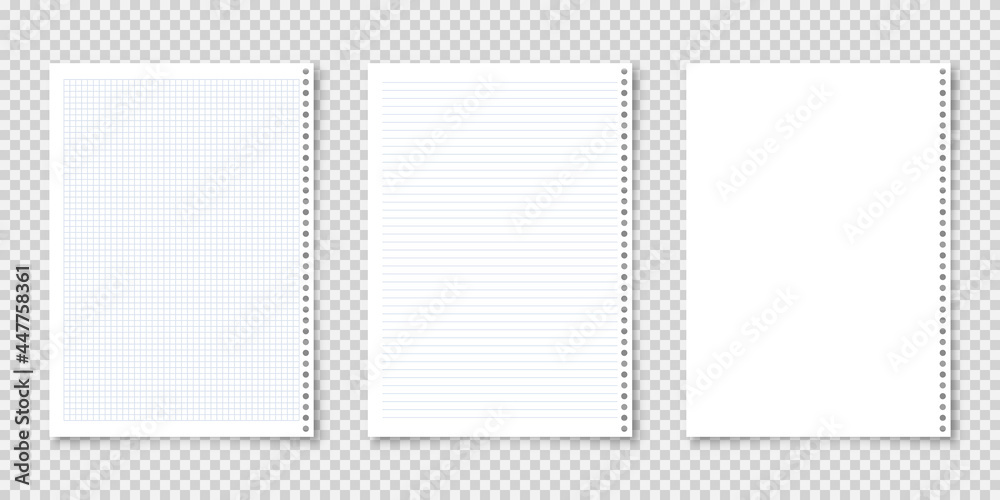 Realistic blank lined paper sheets in A4 format on transparent ...