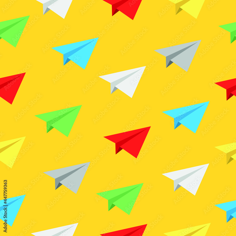 Different colors of realistic flying paper planes on yellow backdrop ...