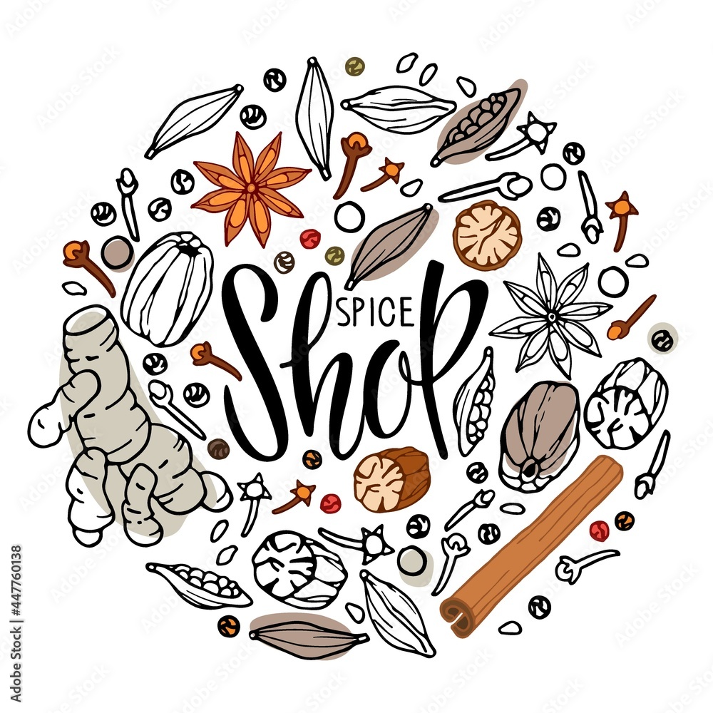 Spice Shop Logo. Round frame with Doodle Outline vector spices and ...